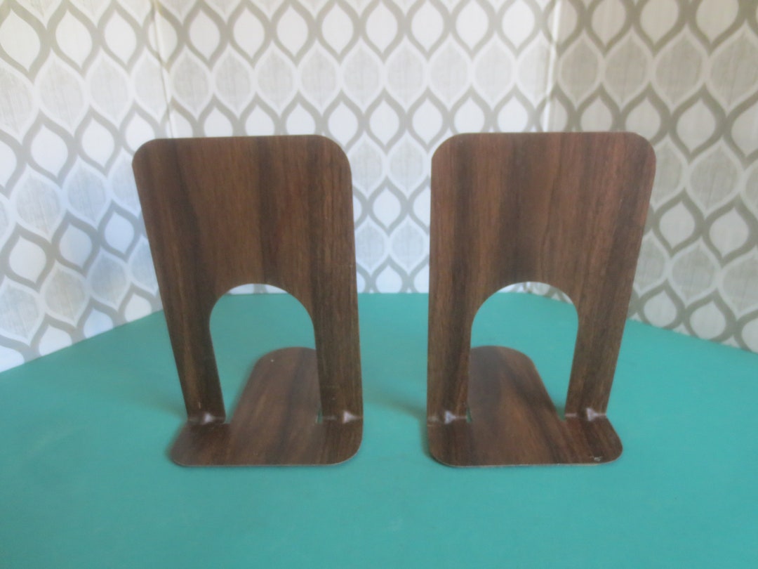 Vintage Mid Century Modern Faux Wood Grain Metal Office Bookends With ...