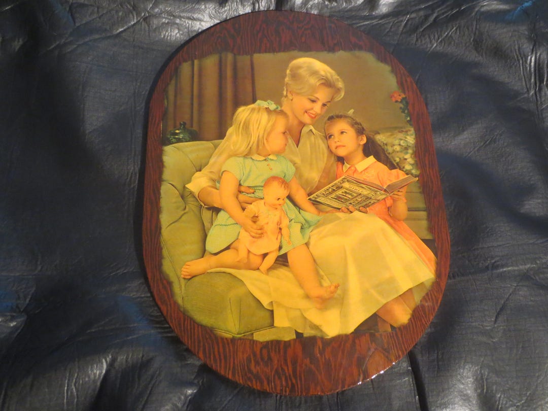 Vintage Mid Century Wood Shellac Art of a Mother Reading the Bible to ...