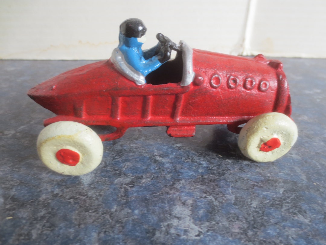 Vintage Hand Painted Cast Iron Race Car Driver Toy Art Figurine. **FREE ...