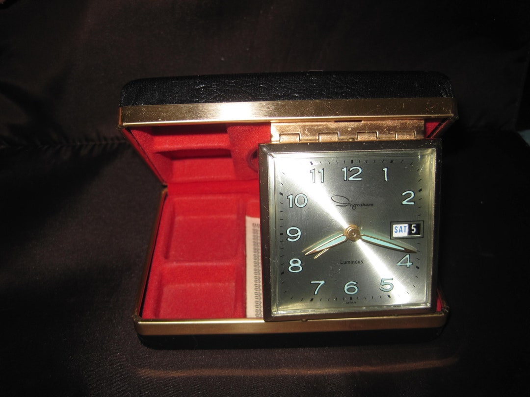 Vintage Ingraham Travel Alarm Clock with Jewelry Red Velvet Lined Soft ...