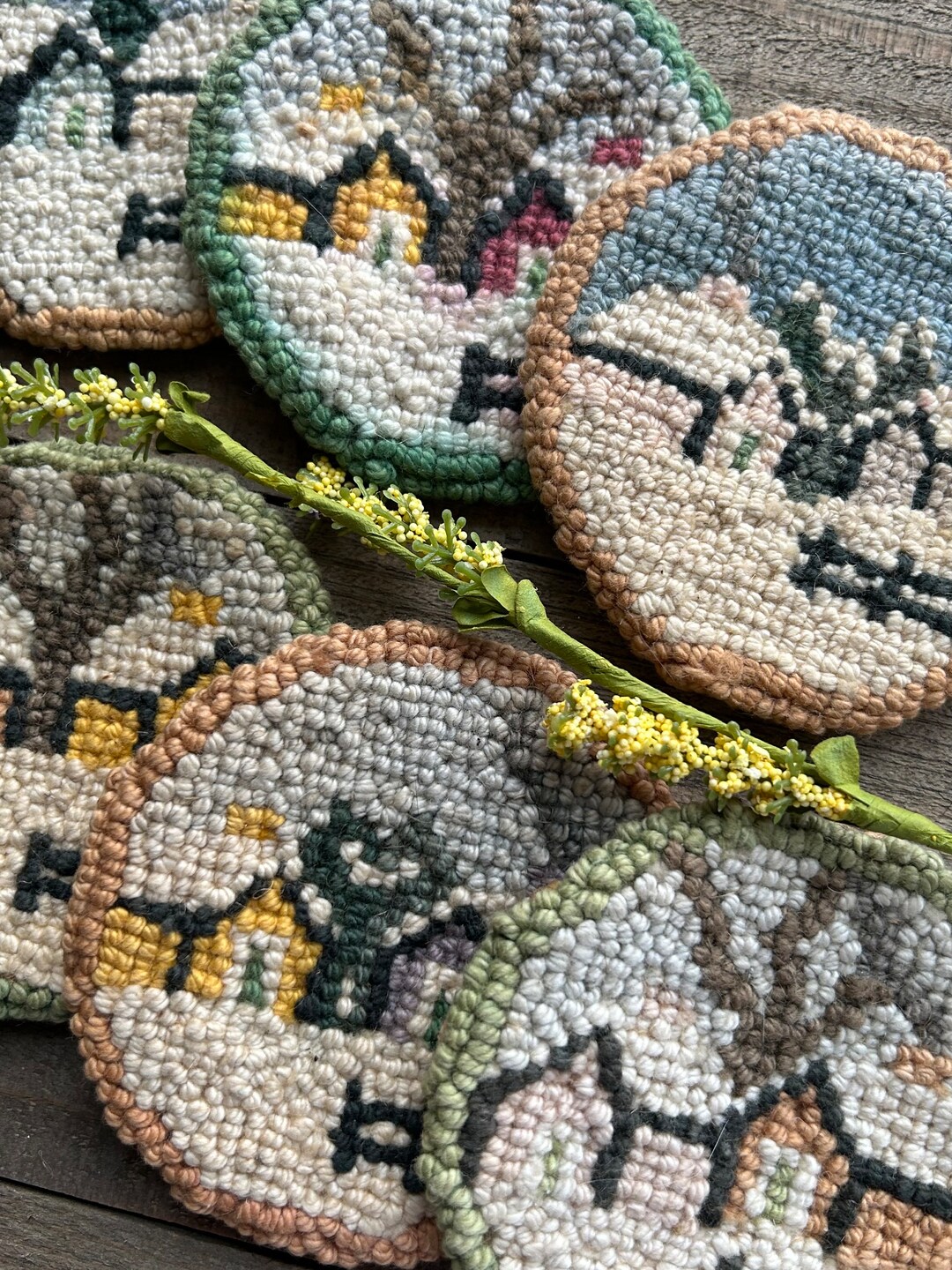 Vintage Handmade Wool Coaster Set / Victorian Punch Needle With Burlap ...