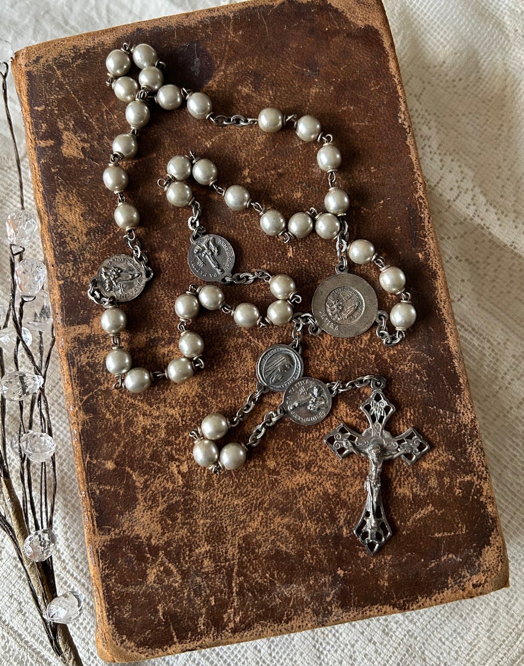 Vintage Rosary With Faux Pearl Beads / Catholic Rosary / Our Lady ...