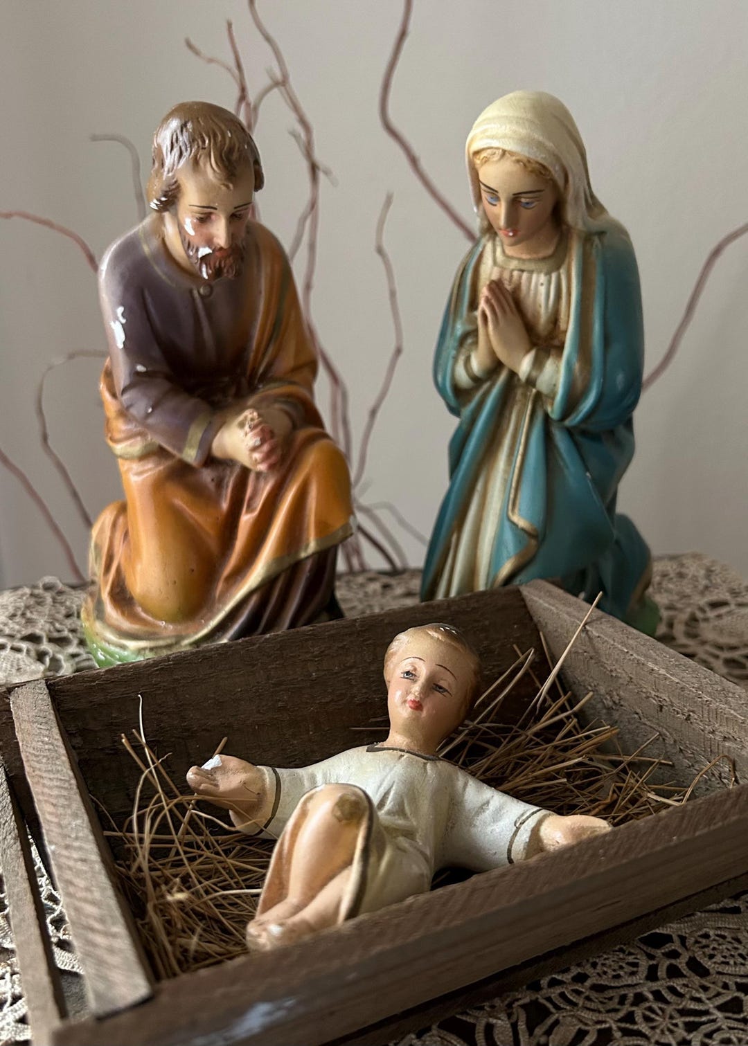 Vintage Chalkware Nativity Set / Christmas Creche / Baby Jesus in ...