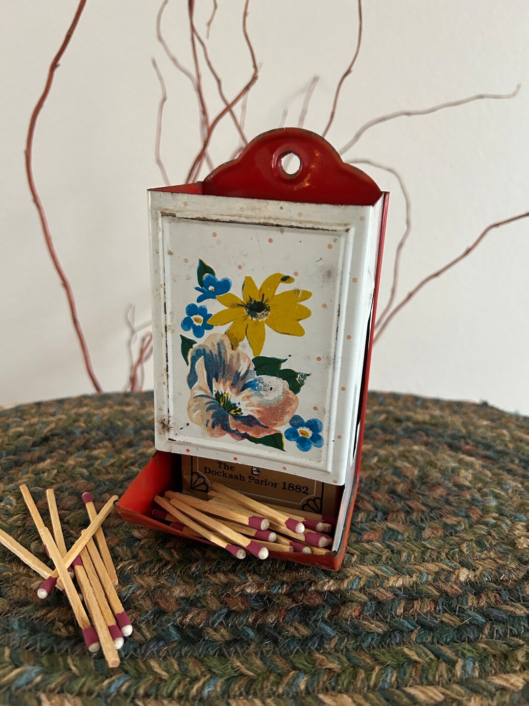 Vintage Tin Match Holder / Kitchen Wood Matches Holder / Primitive ...