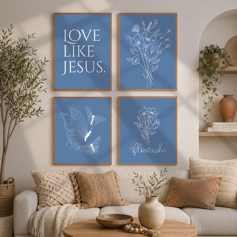 Blue White Christian Wall Art Set | Bible Verse Prints, Coastal Decor ...