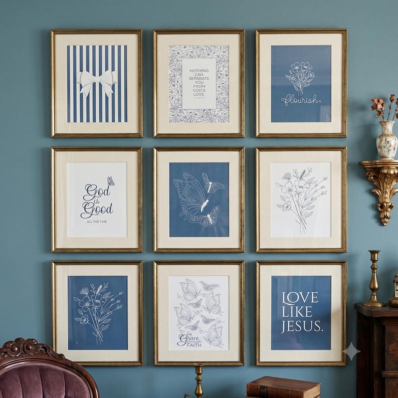 Blue White Christian Wall Art Set | Bible Verse Prints, Coastal Decor ...