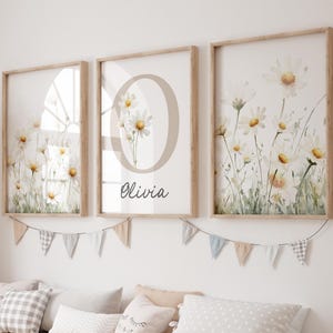 Set of 3 Daisy Nursery Wall Prints Baby Room Custom Name Prints Baby ...