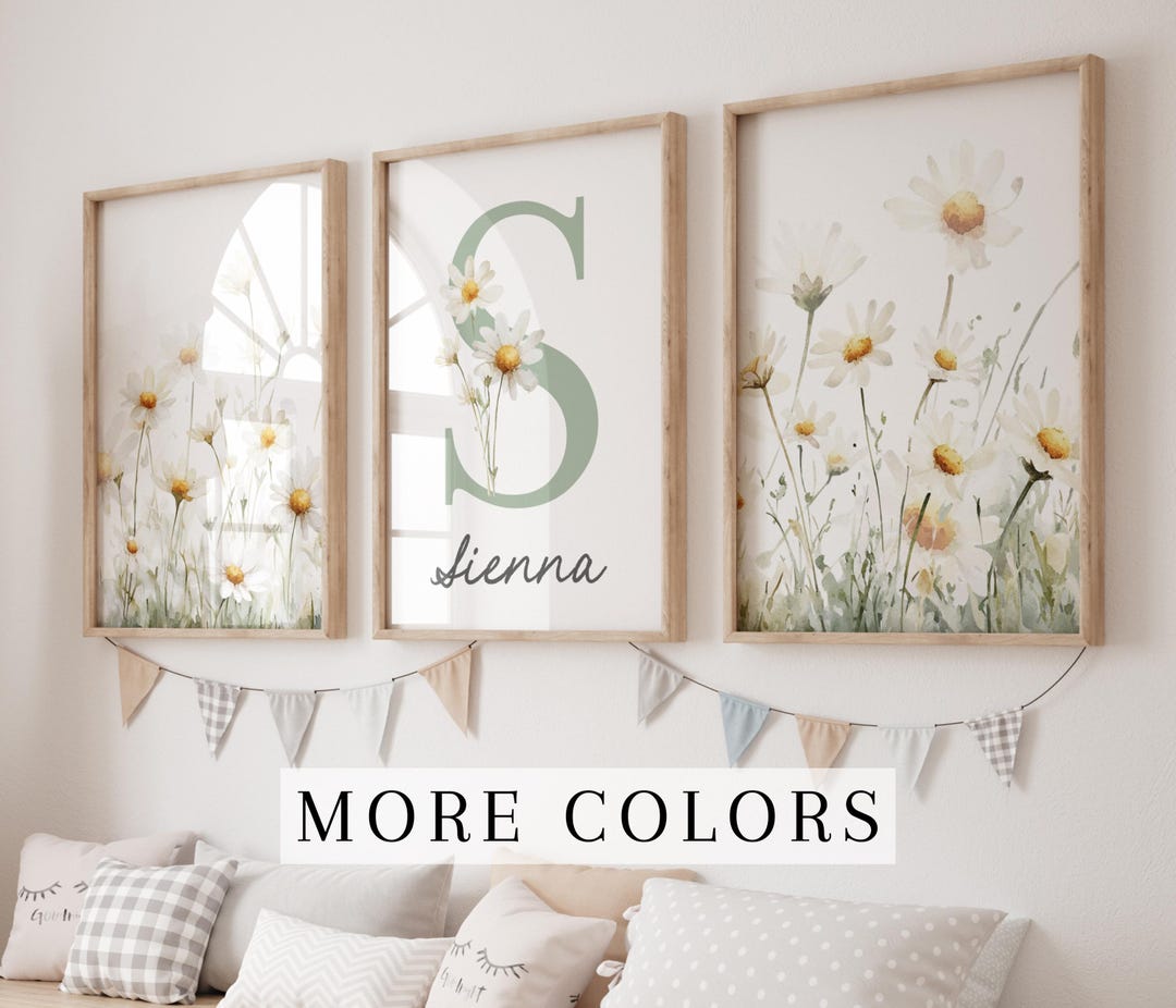 Set of 3 Daisy Nursery Wall Prints Baby Room Custom Name Prints Baby ...