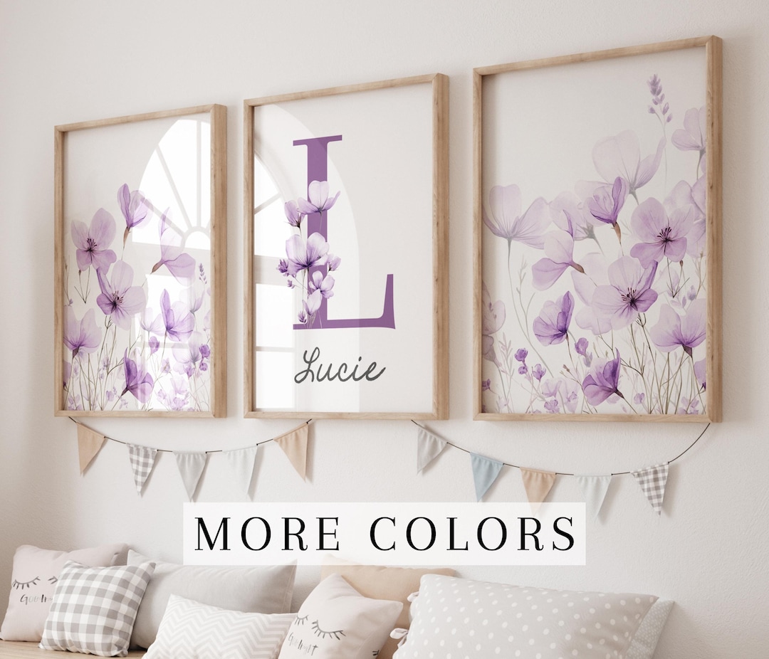 Purple Nursery Art Floral Letter Print Personalized Baby Name Sign ...