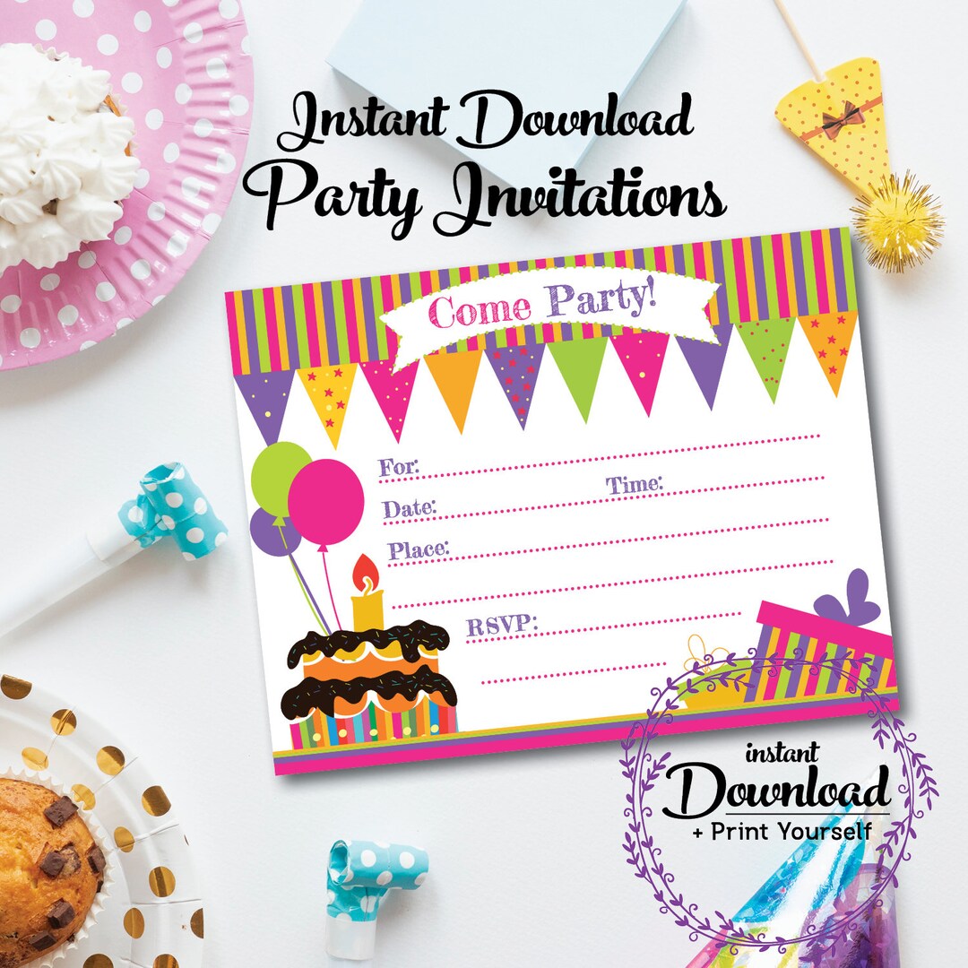 Instant Download Party Invitations - Come Party Pink, Fill in Yourself ...