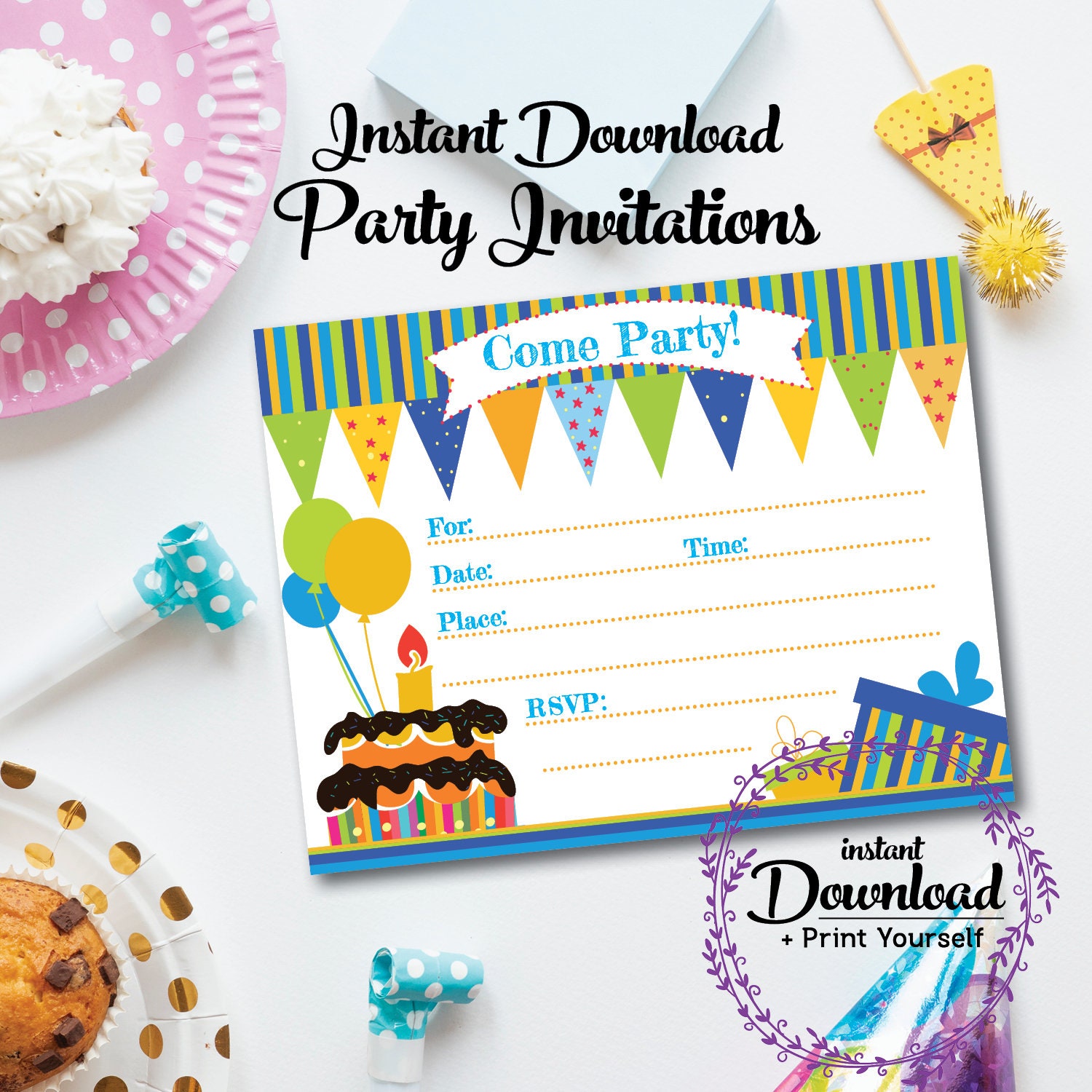 Instant Download Party Invitations - Come Party Blue, Fill in Yourself ...
