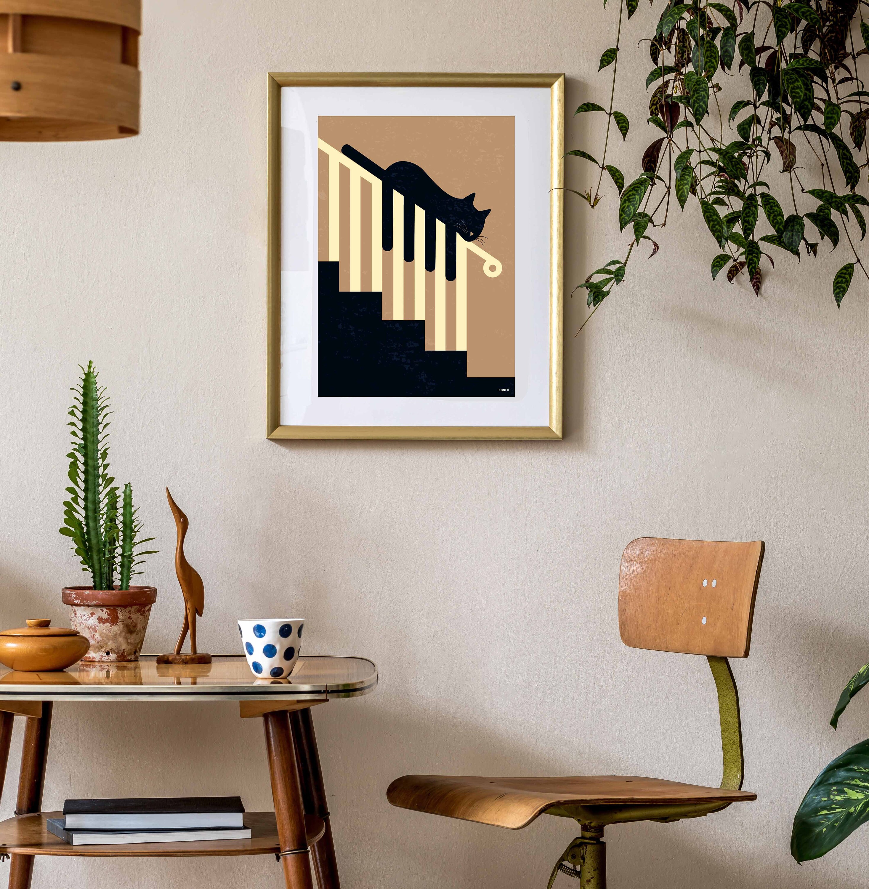 Poster: "the Lazy Cat on the Stairs." Minimalist Illustration by ICONEO ...
