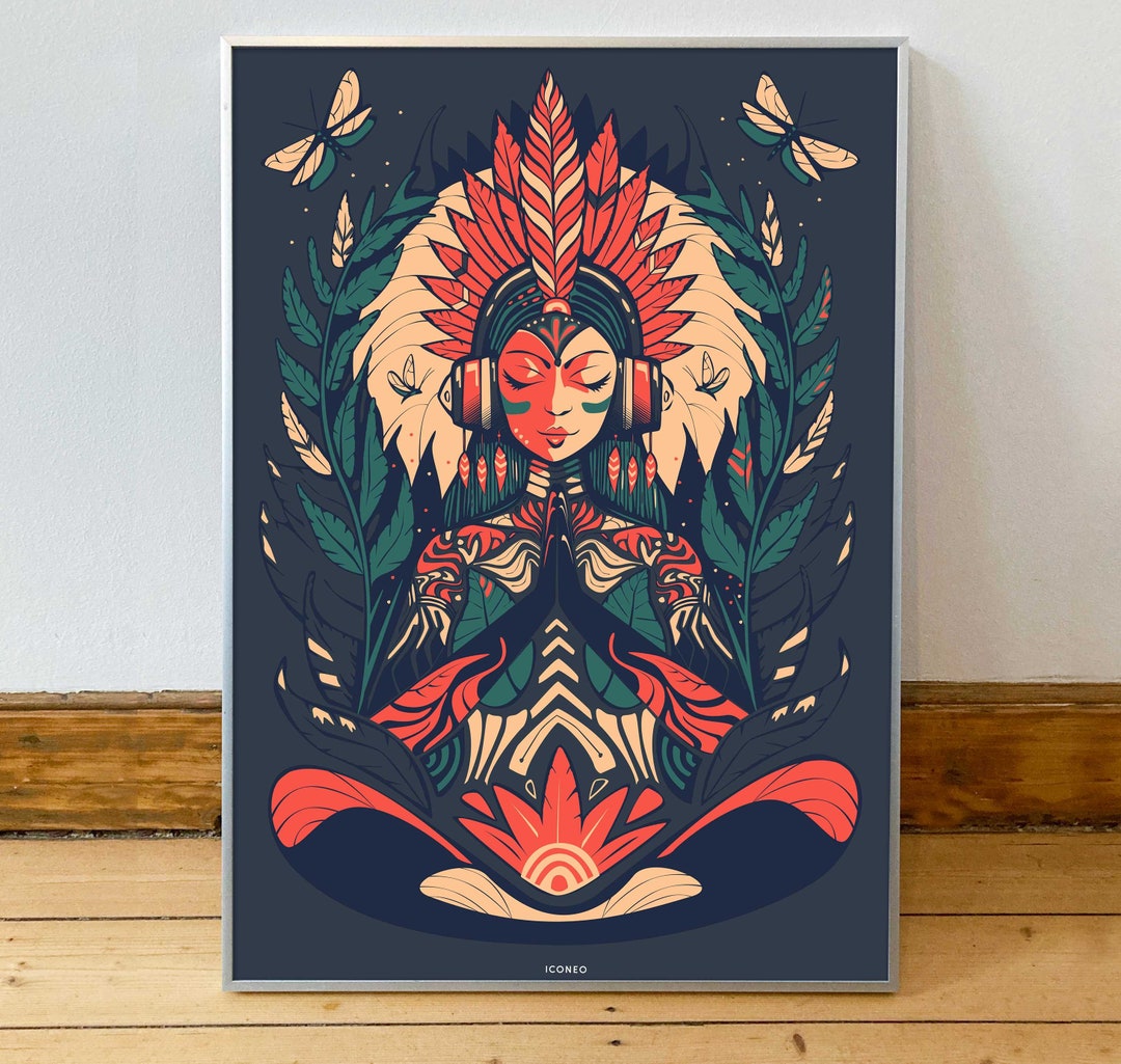 Poster: Meditating Woman With Headphones Plants and Feathers. - Etsy