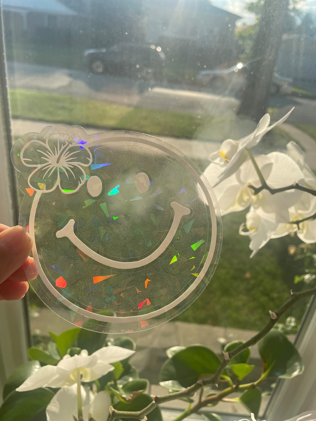 Reflective Rainbow Smiley Face With Hibiscus Vinyl Decal | Water Bottle ...