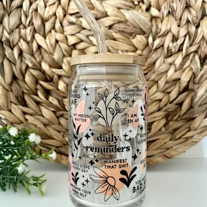 Daily Reminders Glass Cup / Motivational Quotes Cup / Flowers Glass Cup ...