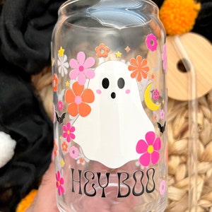 Hey Boo Ghost Glass Cup / Halloween Tumbler / Iced Coffee Glass ...