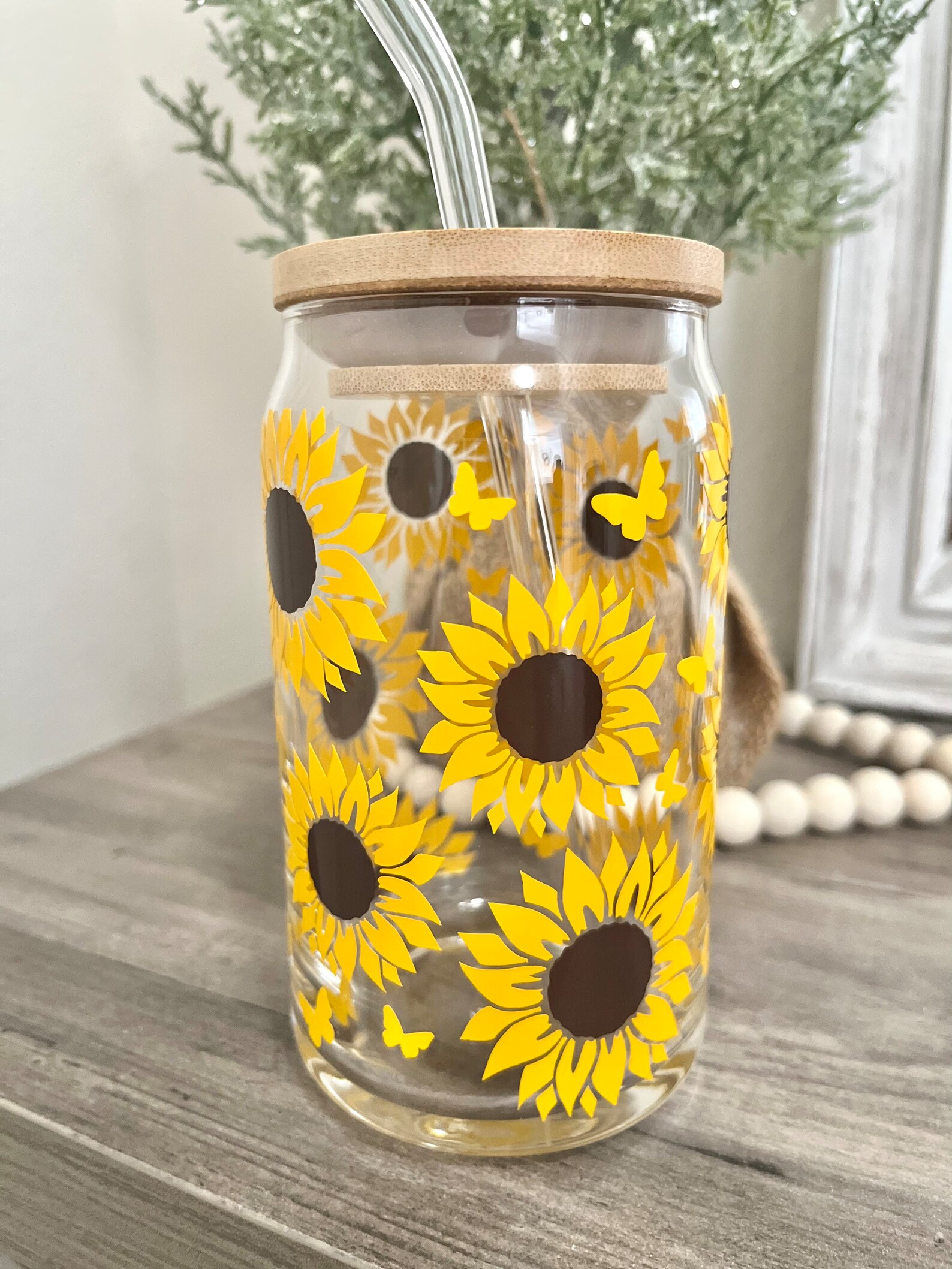 Sunflower and Butterfly Glass Cup / Sunflowers Cup / - Etsy