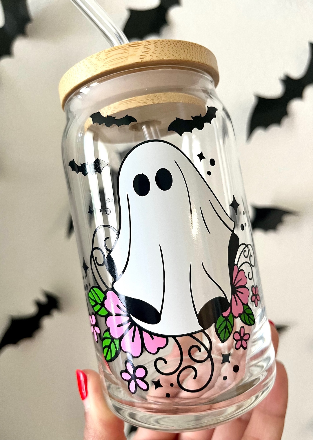 Cute Ghost Glass Cup / Floral Ghost Cup / Halloween Glass Cup / Iced ...