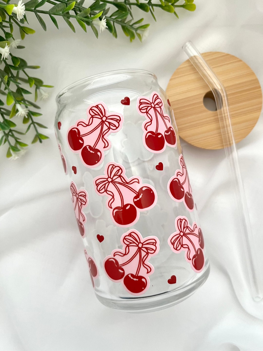 Cherry and Bows Glass Cup / Glass Cup / Gifts for Her / Cherry Tumbler ...