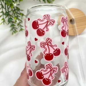 Cherry and Bows Glass Cup / Glass Cup / Gifts for Her / Cherry Tumbler ...