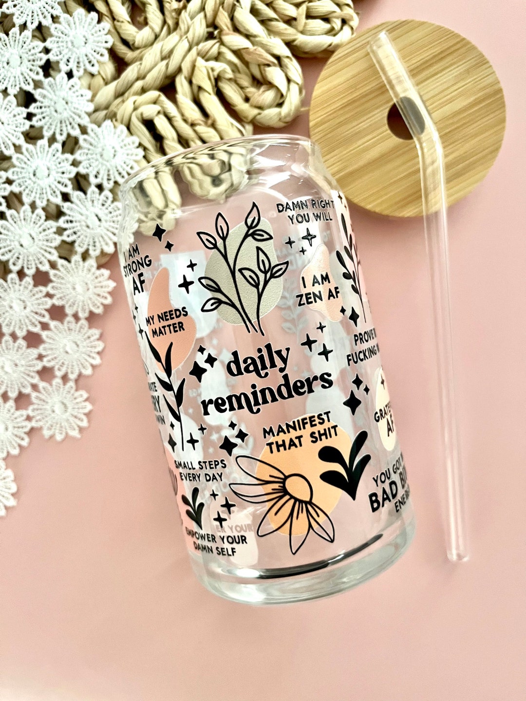 Daily Reminders Glass Cup / Motivational Quotes Cup / Flowers Glass Cup ...