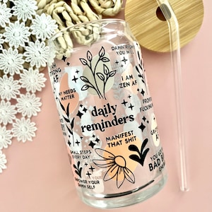 Daily Reminders Glass Cup / Motivational Quotes Cup / Flowers Glass Cup ...