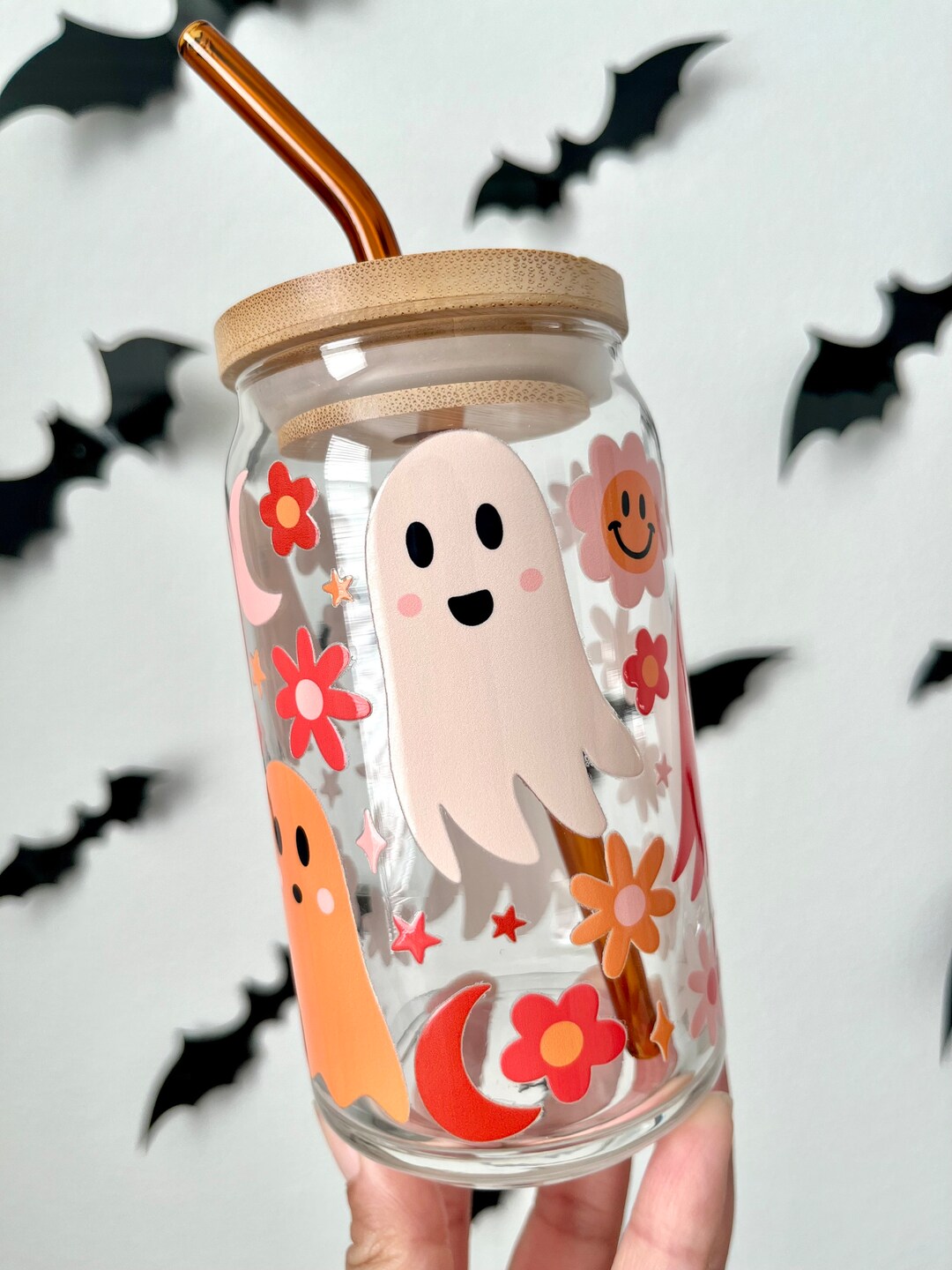 Retro Boho Ghosts Glass Cup / Halloween Glass Cup / Iced Coffee Glass ...