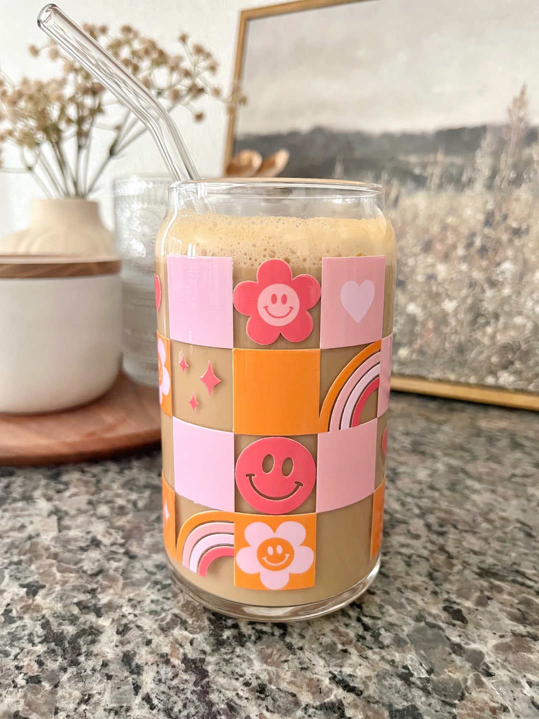 Retro Groovy Glass Cup / Daisies Glass Cup / Gifts for Her / Cute Glass ...