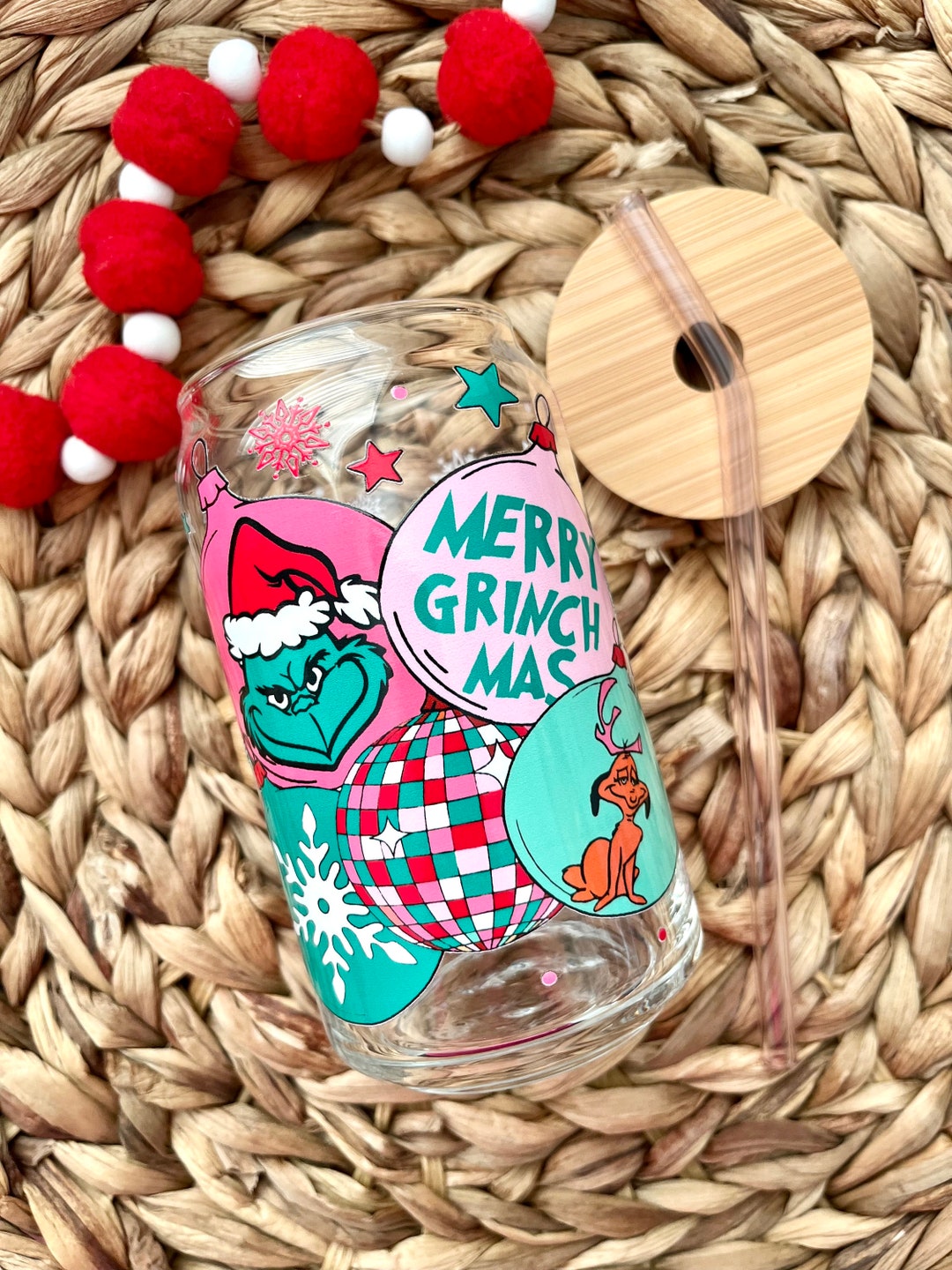 Grinch Glass Cup / Christmas Glass Cup / Iced Coffee Glass / Christmas ...