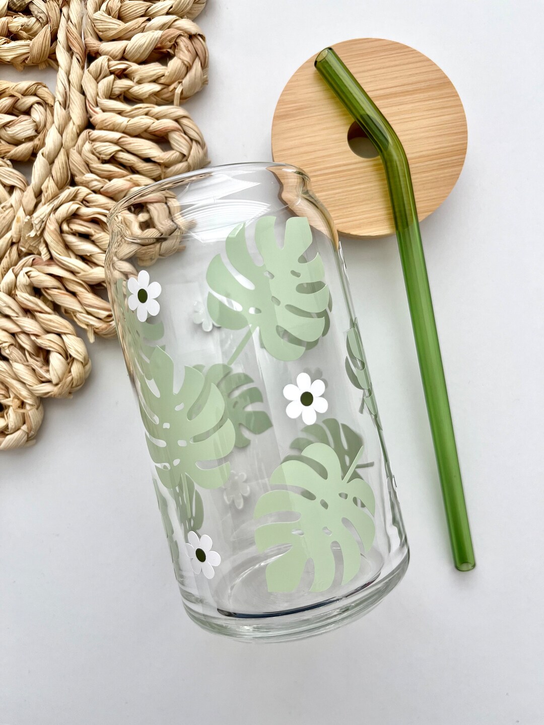 Monstera and Daisy Glass Cup / Iced Coffee Glass / Plants Glass Cup ...