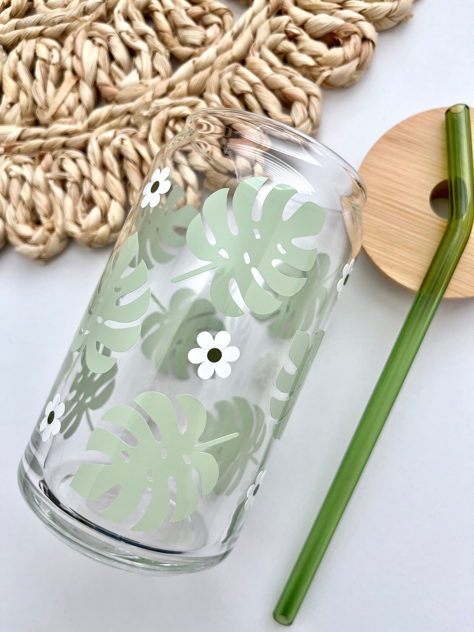 Monstera and Daisy Glass Cup / Iced Coffee Glass / Plants Glass Cup ...