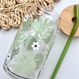 Monstera and Daisy Glass Cup / Iced Coffee Glass / Plants Glass Cup ...