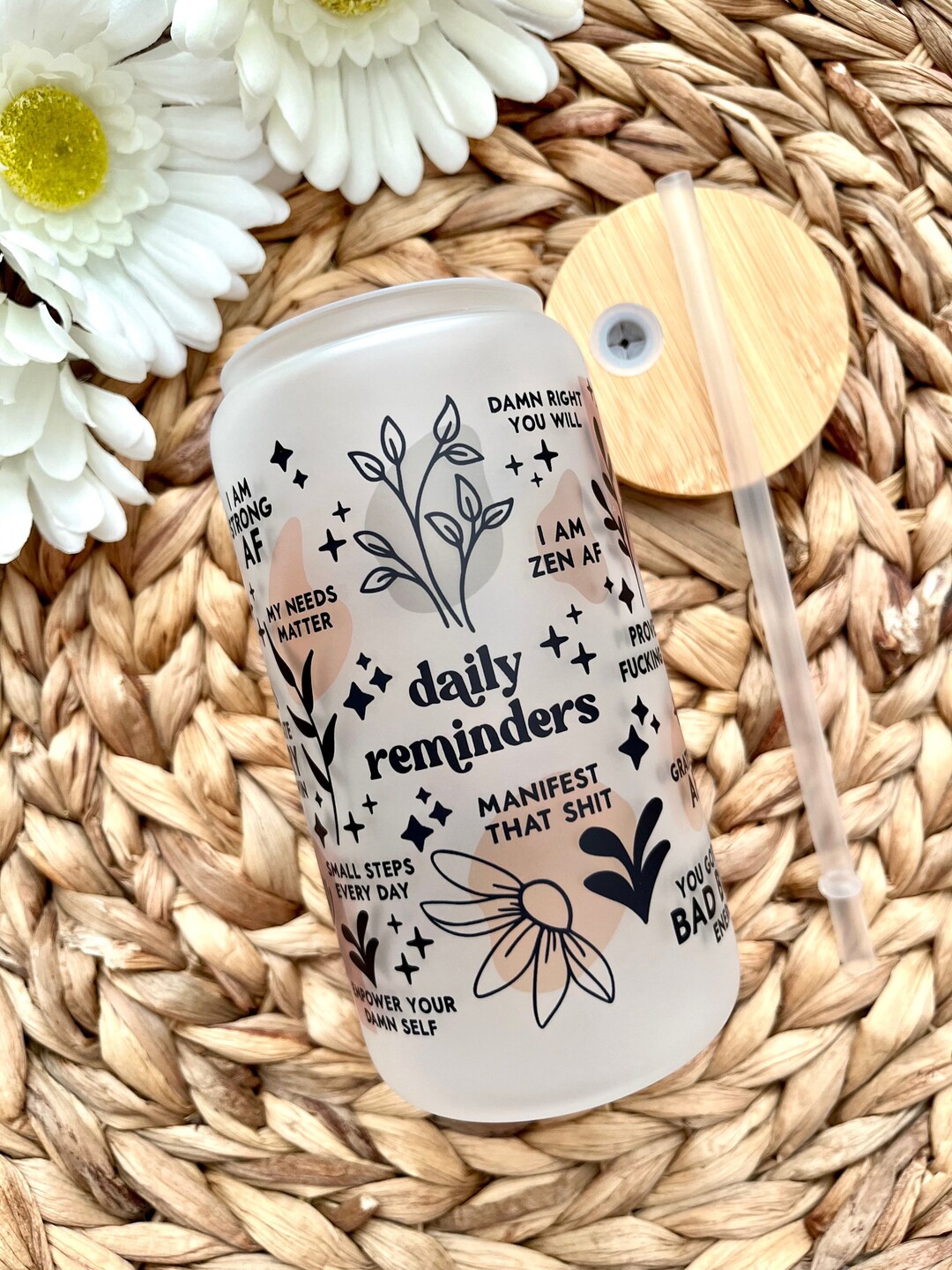 Daily Reminders Glass Cup / Motivational Quotes Cup / Boho Glass Cup ...