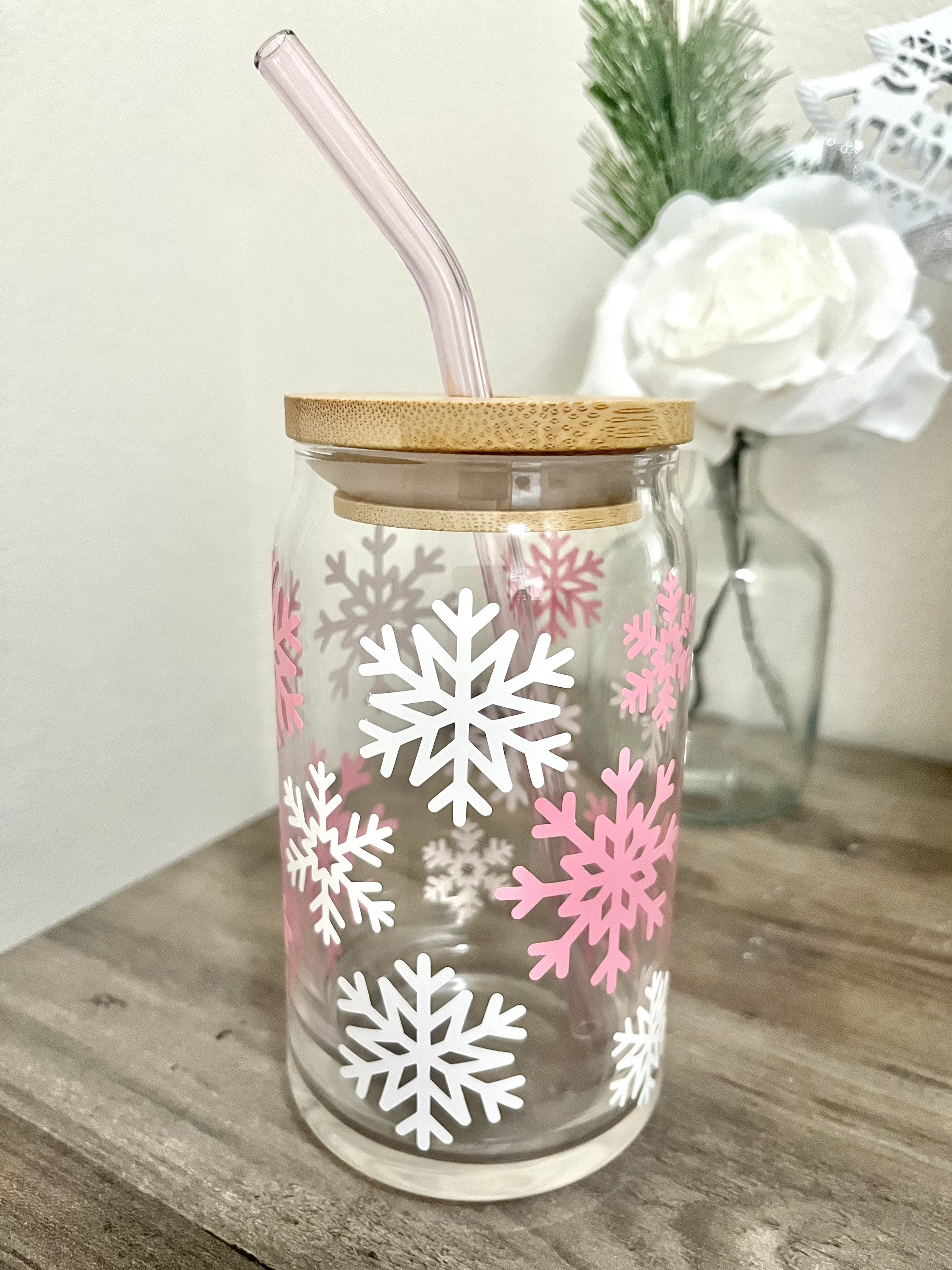 Snowflake Glass Cup / Holiday Cup / Christmas Glass Cup / Iced Coffee ...