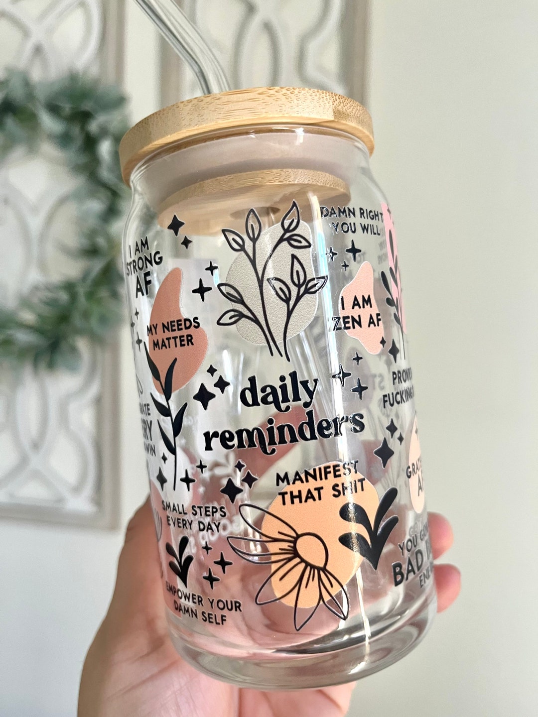 Daily Reminders Glass Cup / Motivational Quo Cup / Flowers Glass Cup ...
