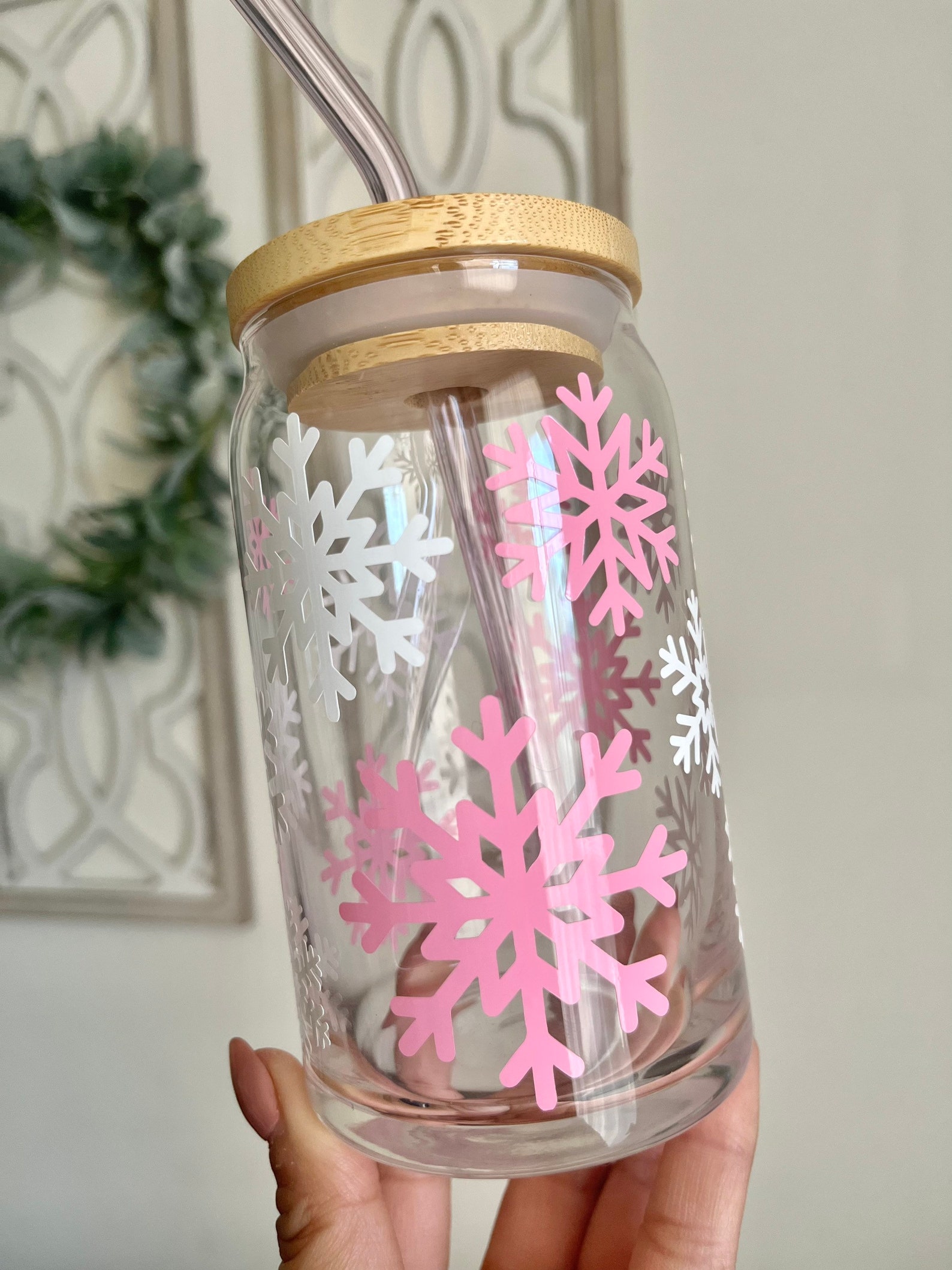 Snowflake Glass Cup / Holiday Cup / Christmas Glass Cup / Iced Coffee ...