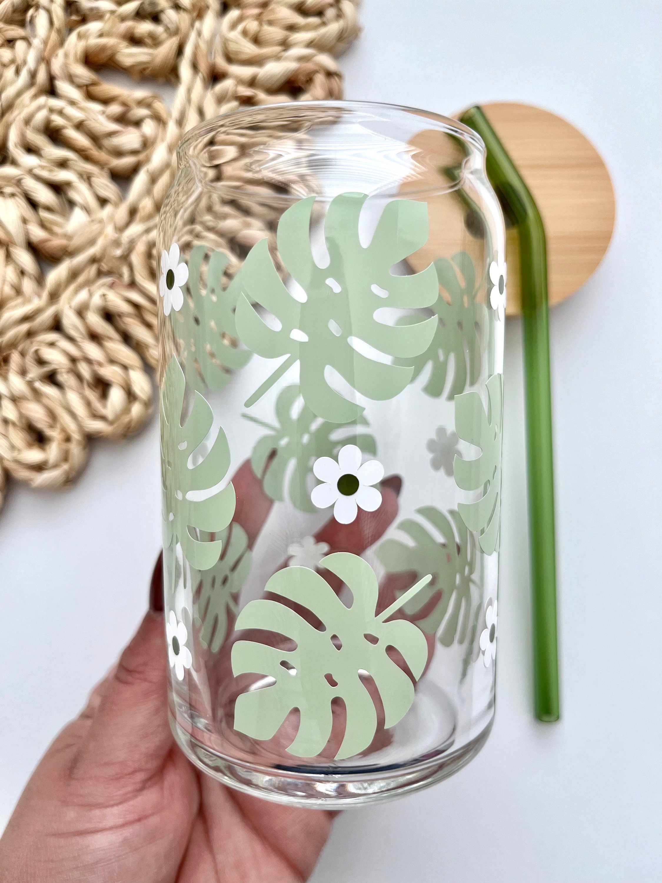Monstera and Daisy Glass Cup / Iced Coffee Glass / Plants Glass Cup ...