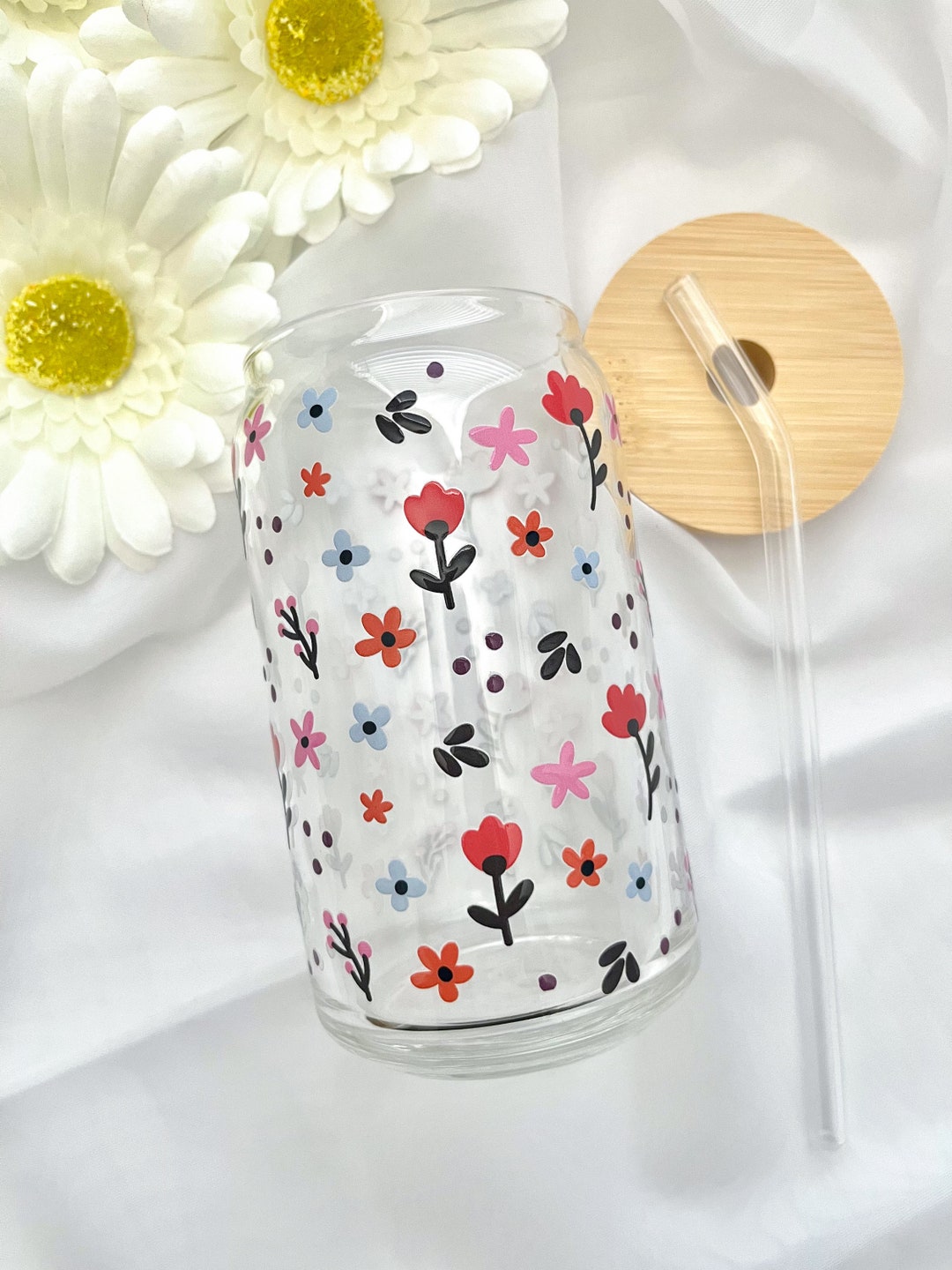 Spring Flowers Glass Cup / Floral Glass Cup / Gifts for Her / Cute ...