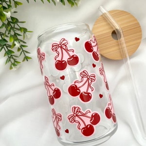 Cherry and Bows Glass Cup / Glass Cup / Gifts for Her / Cherry Tumbler ...
