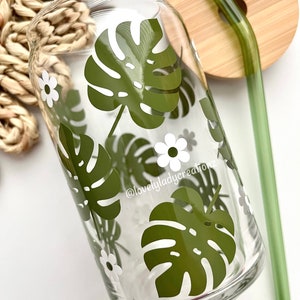 Monstera and Daisy Glass Cup / Iced Coffee Glass / Plants Glass Cup ...