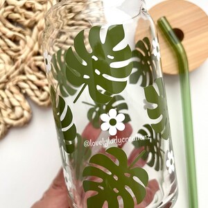 Monstera and Daisy Glass Cup / Iced Coffee Glass / Plants Glass Cup ...