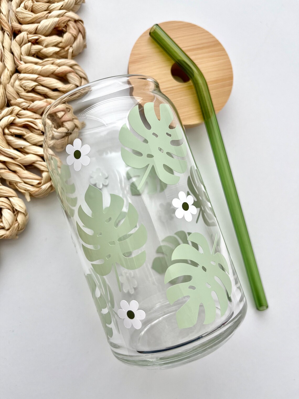 Monstera and Daisy Glass Cup / Iced Coffee Glass / Plants Glass Cup ...