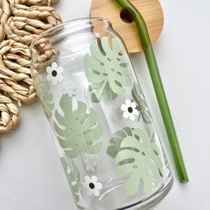 Monstera and Daisy Glass Cup / Iced Coffee Glass / Plants Glass Cup ...