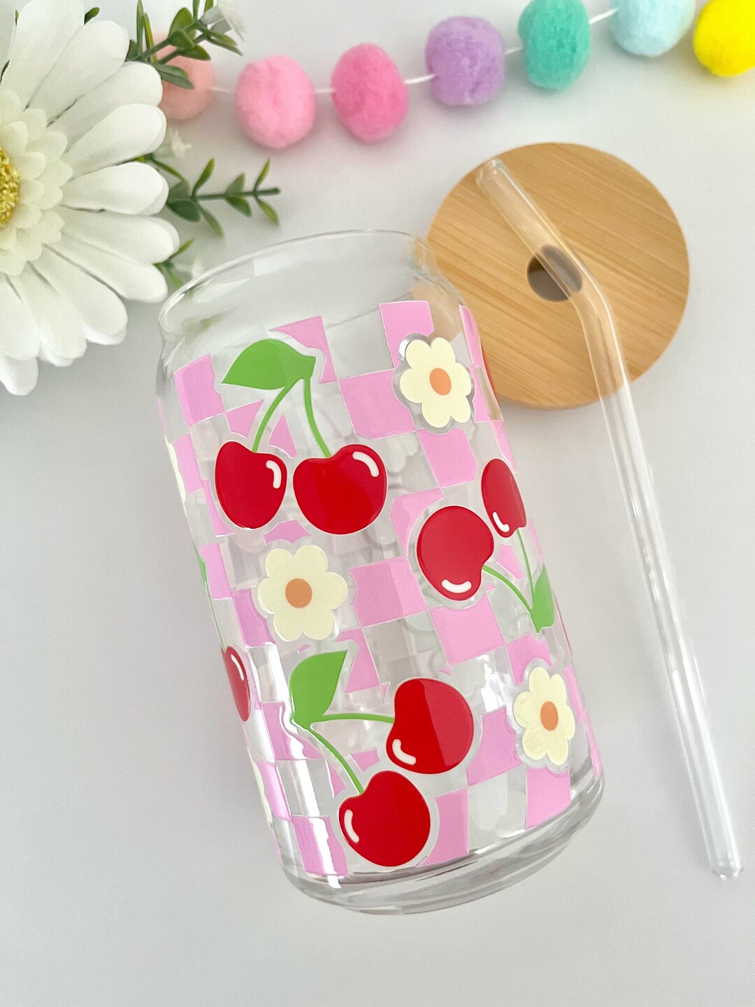 Checkered Cherries Glass Cup / Glass Cup / Gifts for Her / Cherry ...