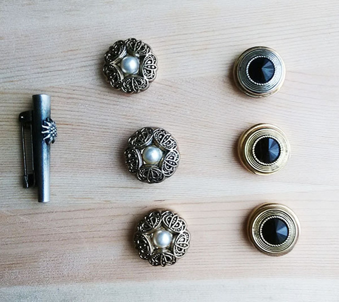 Two 80's Vintage Button Cover Sets and Pewter Lapel Flower Pin, Two ...