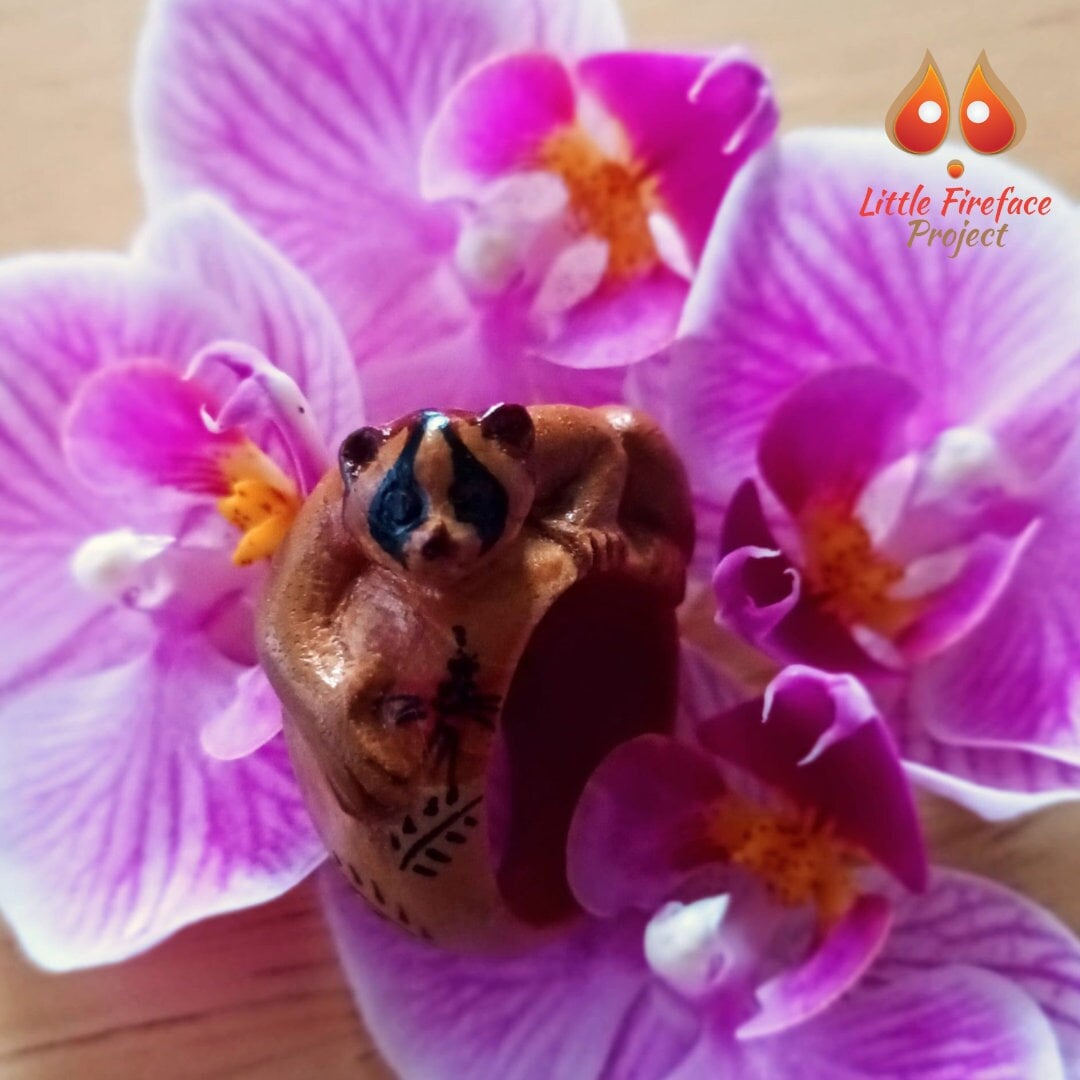Slow Loris Hand-carved Ring Featuring Red Calliandra Flower With Black ...