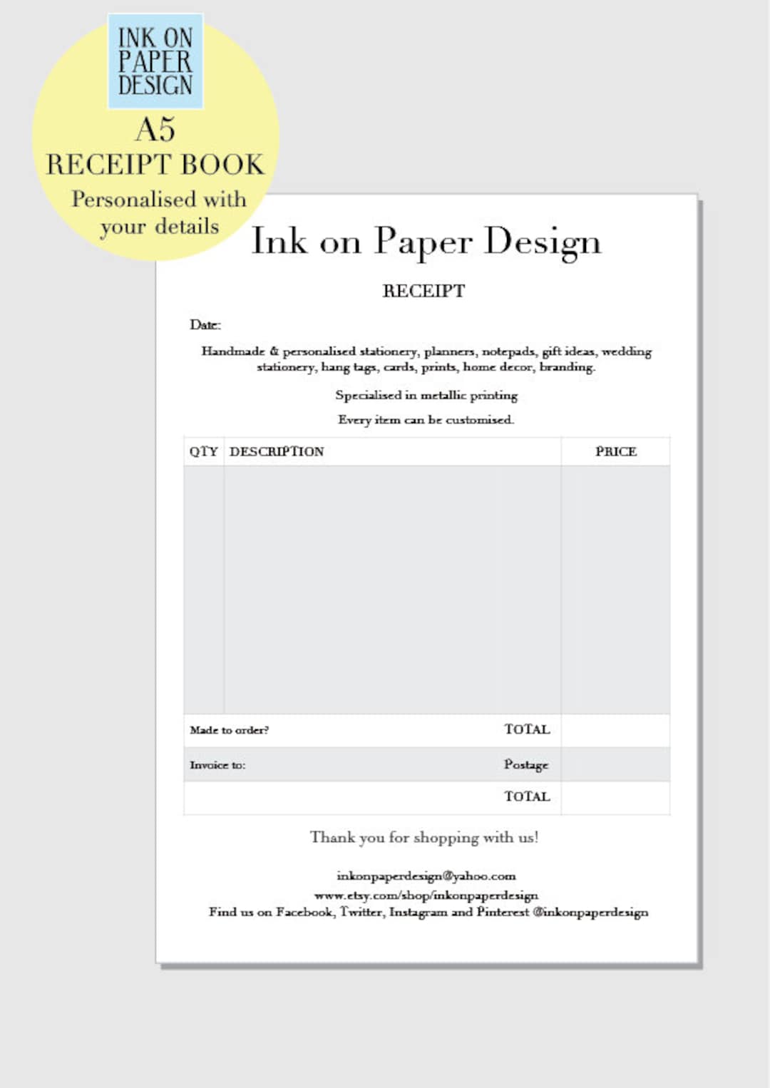 PERSONALISED RECEIPT BOOK, A5 Size, Custom Receipt Book, Cash Receipt ...