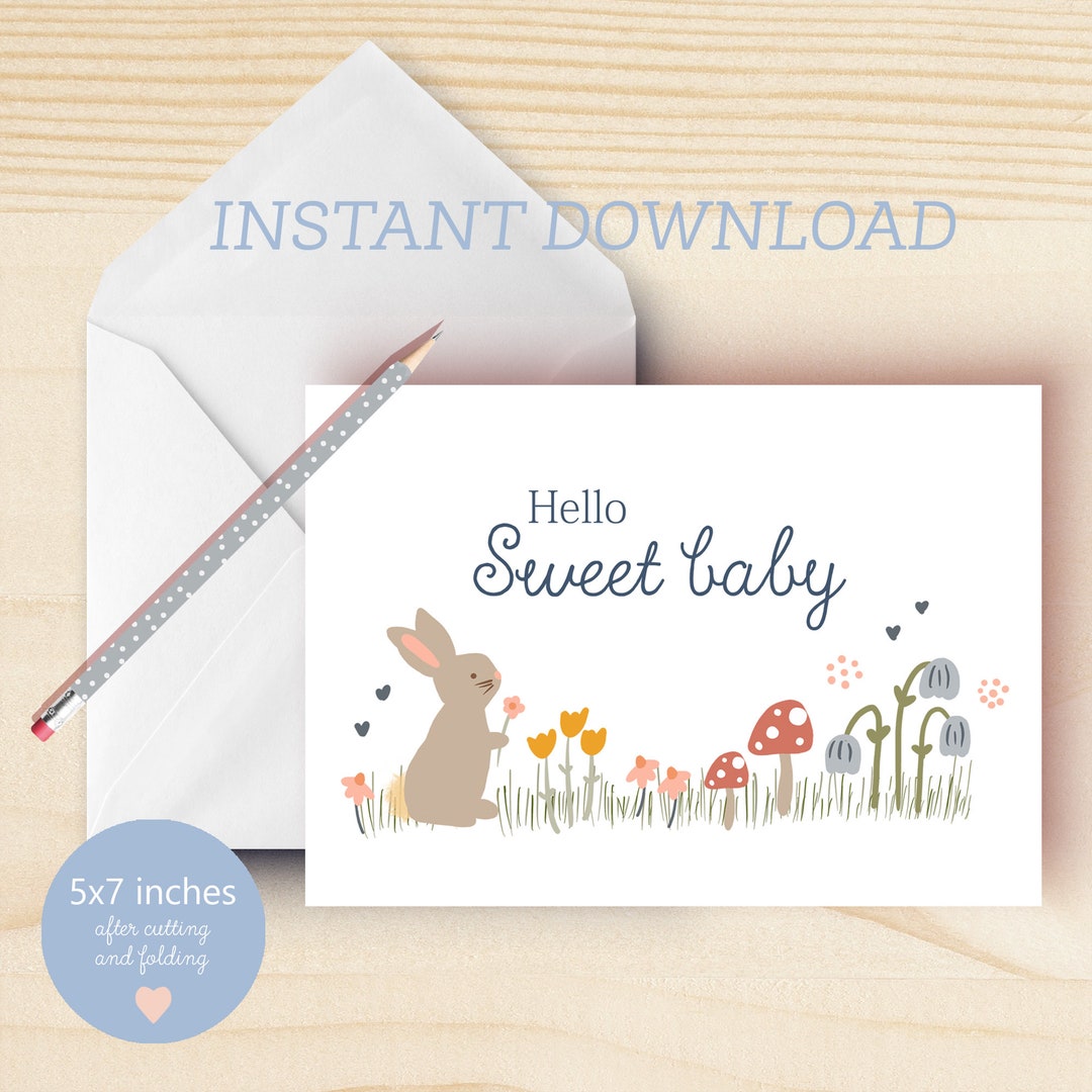 Baby Greeting Card Printable Hello Sweet Baby Card Illustrated by ...