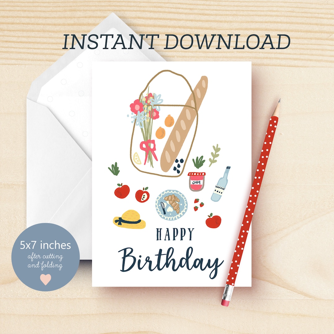 INSTANT DOWNLOAD Happy Birthday Greeting Card Printable Picnic Food ...