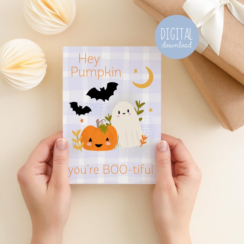Kawaii Halloween Card Printable – Cute Pumpkin & Ghost “hey Pumpkin You ...